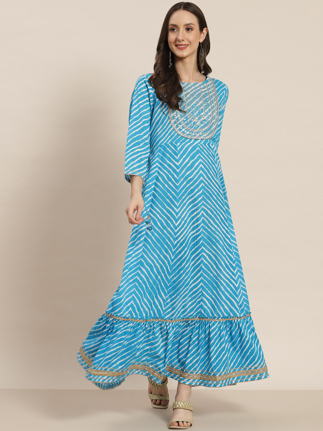 Buy Juniper Blue & White Leheriya Printed A Line Maxi Dress - Ethnic ...