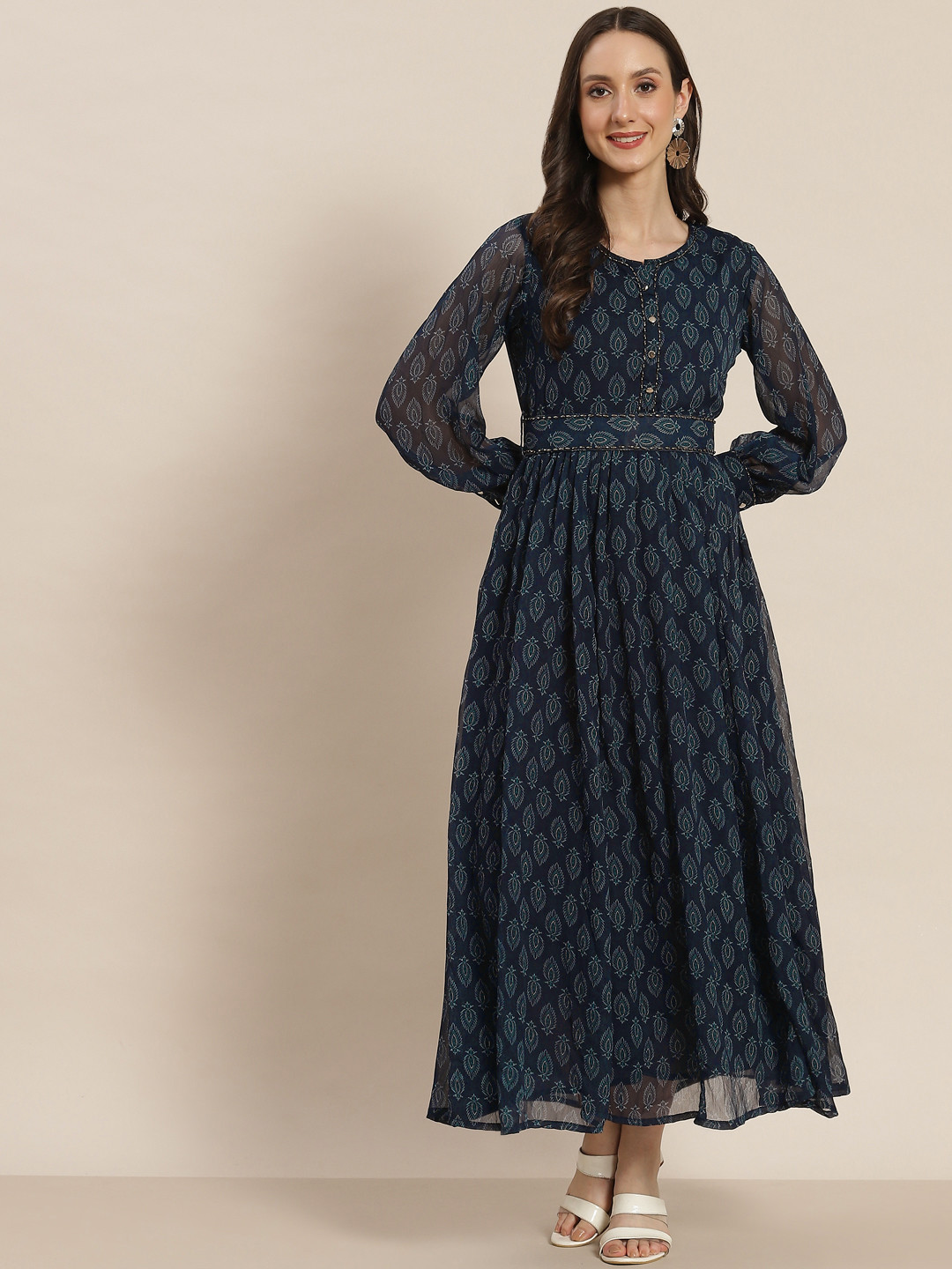 Buy Juniper Navy Blue & White Ethnic Motifs Printed Chiffon Maxi Dress ...