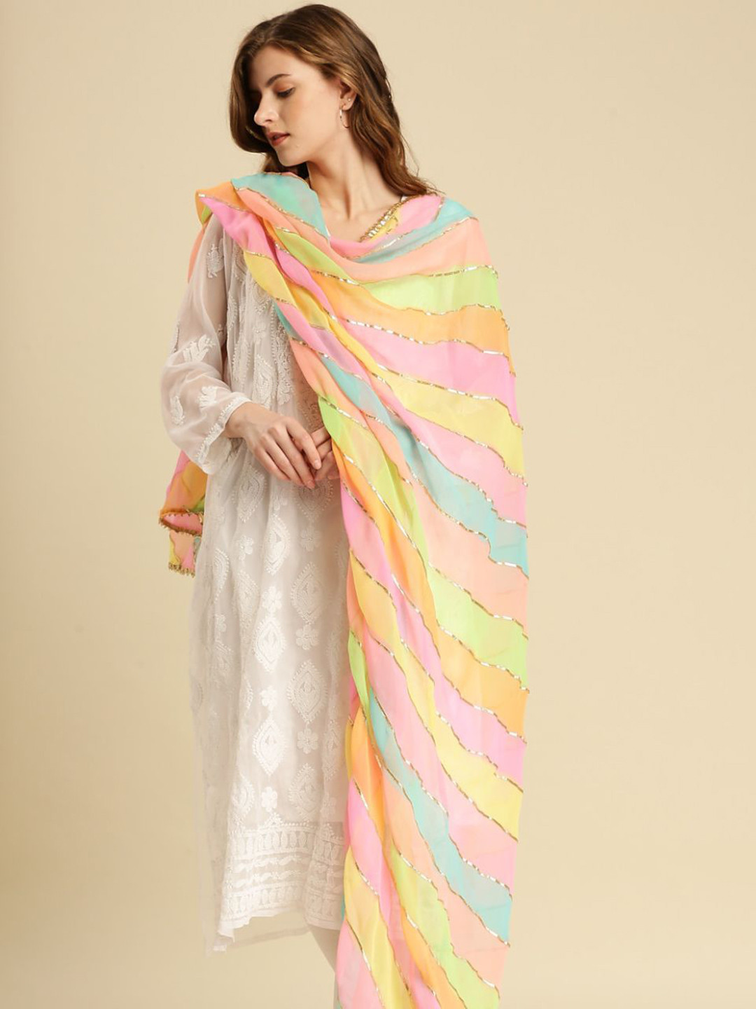 Buy Dupatta Bazaar Women Yellow & Pink Printed Dupatta With Gotta Patti ...