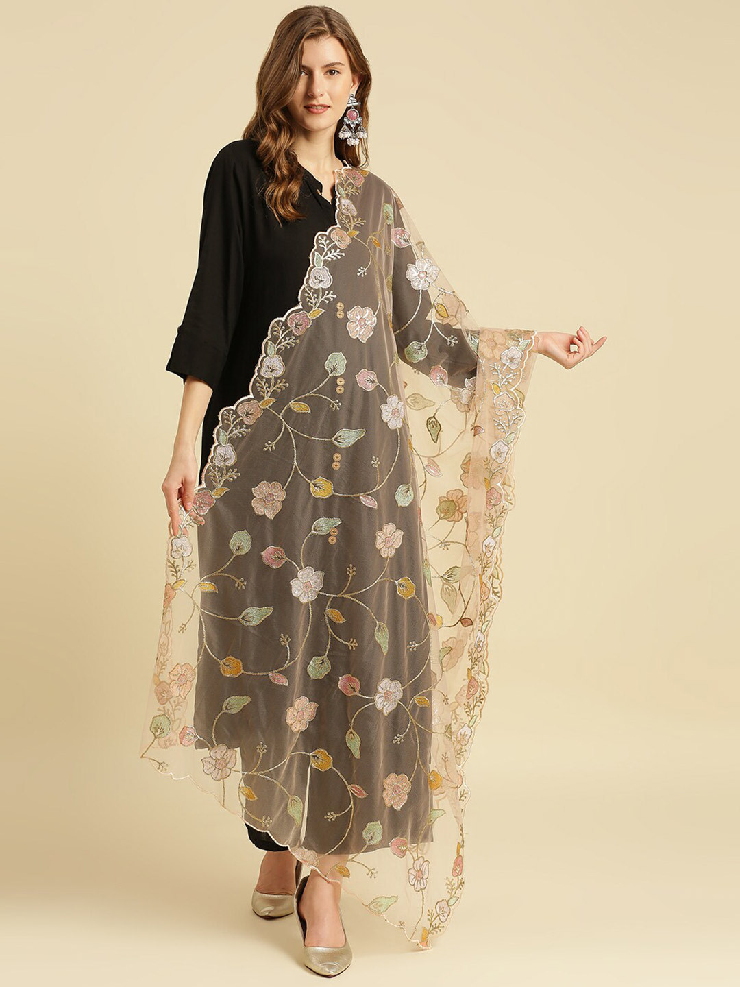 Buy Dupatta Bazaar Women Peach Coloured & Green Embroidered Dupatta ...