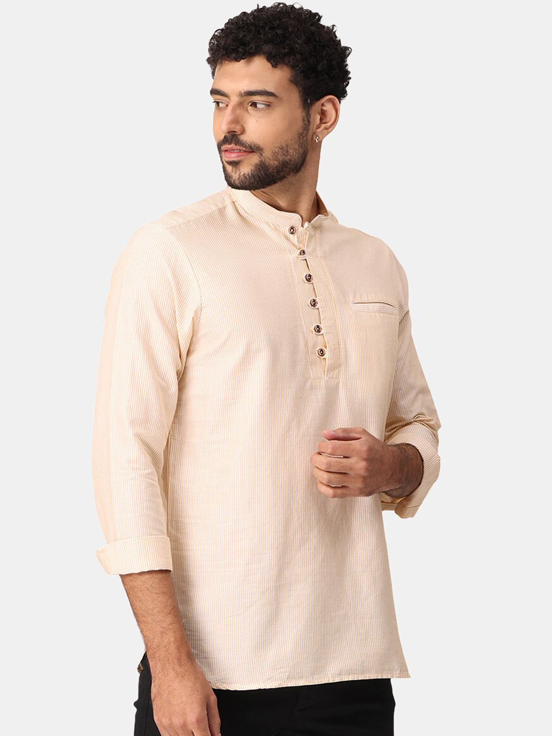 Buy NIRVAAN Men Cream Coloured Striped Woven Design Cotton Kurta ...
