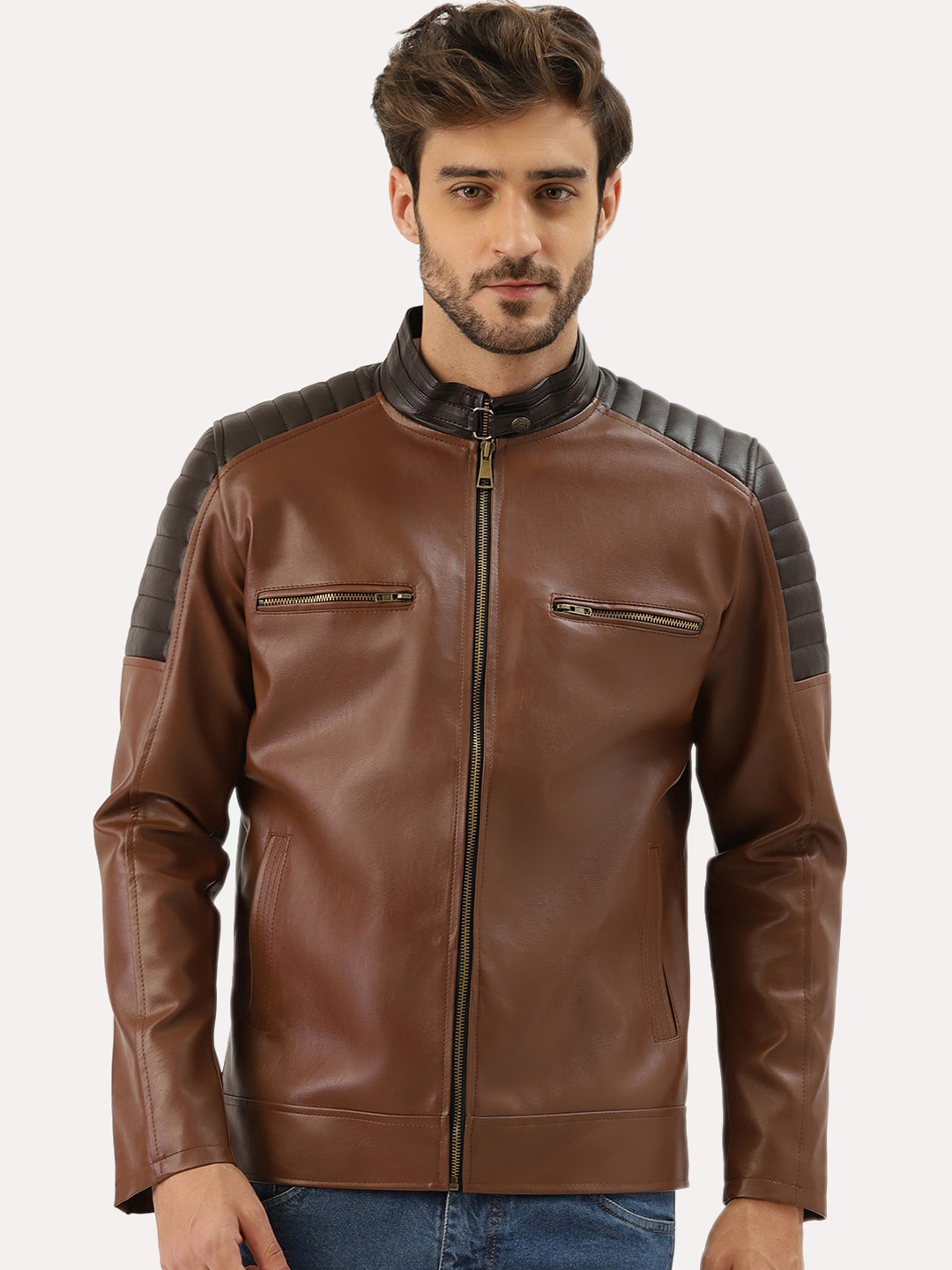 Buy Leather Retail Men Brown Blue Biker Jacket - Jackets for Men ...
