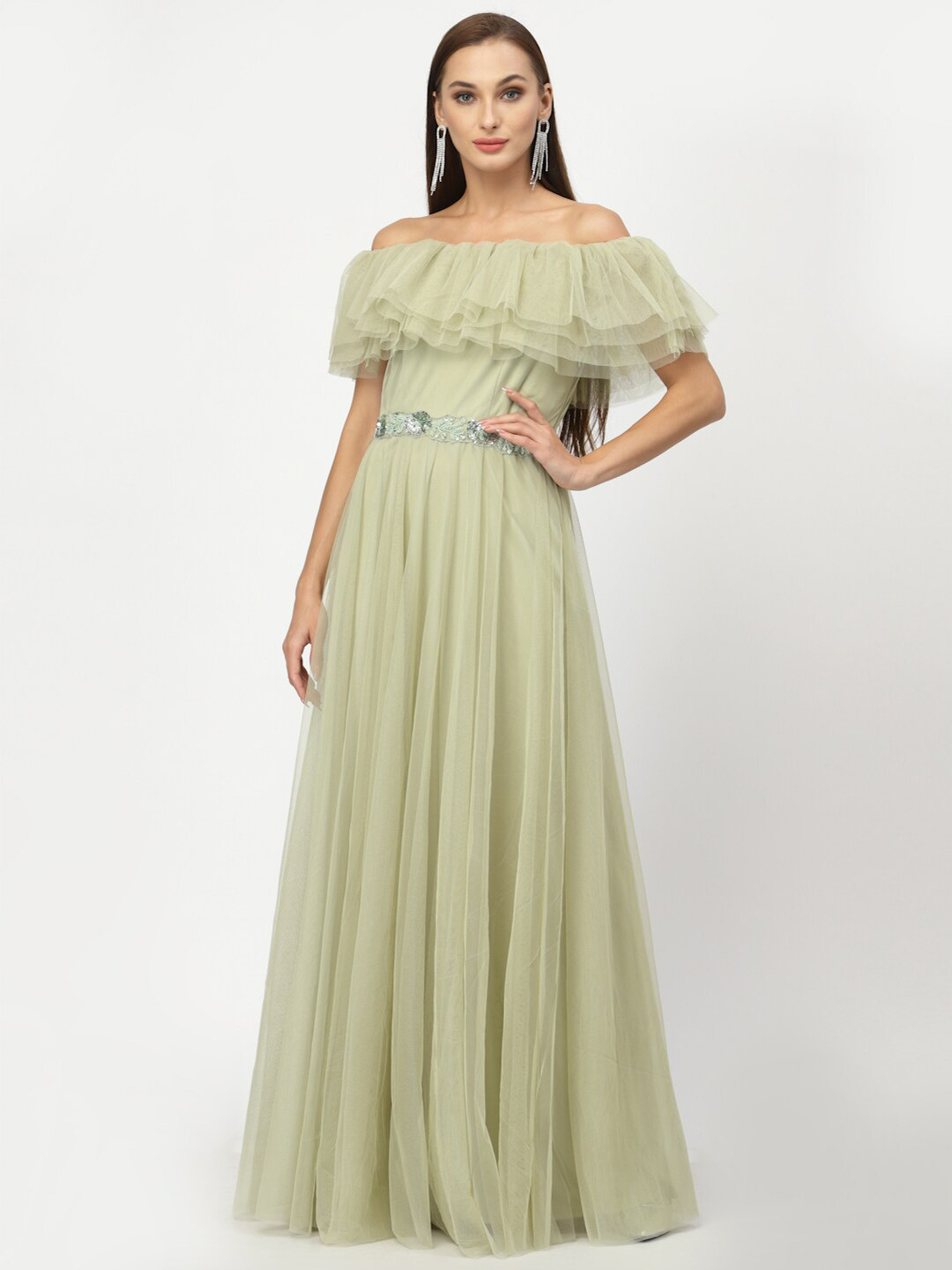 Buy Just Wow Women Green Solid Off Shoulder Net Maxi Dress - Dresses ...