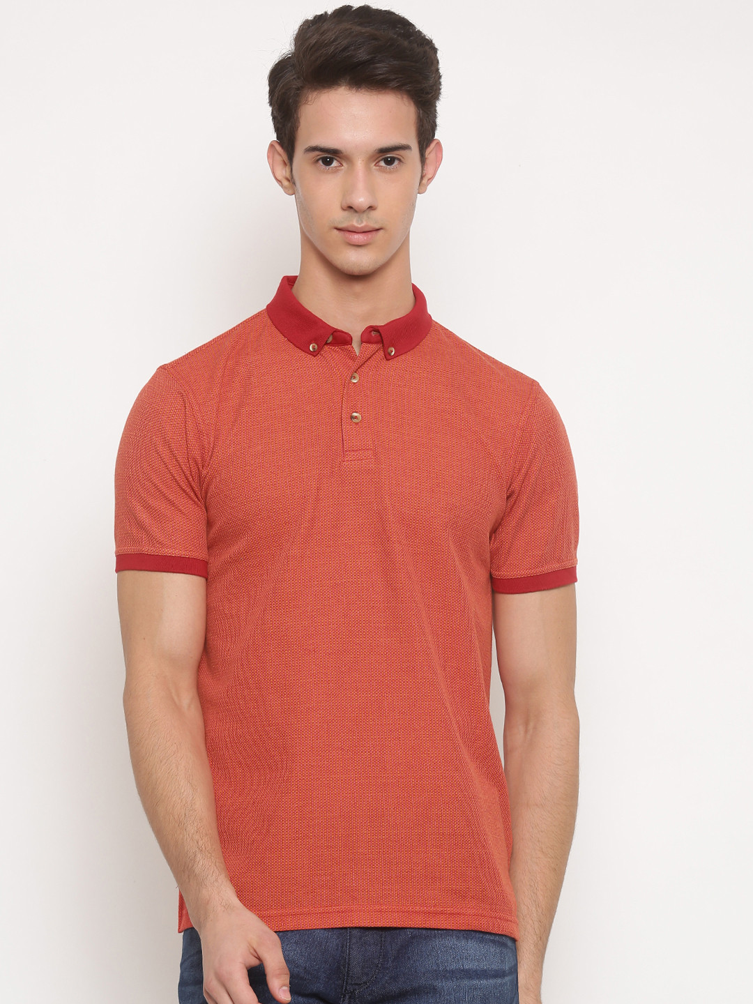 Buy Peter England Men Orange Self Designed Polo T Shirt - Tshirts for ...