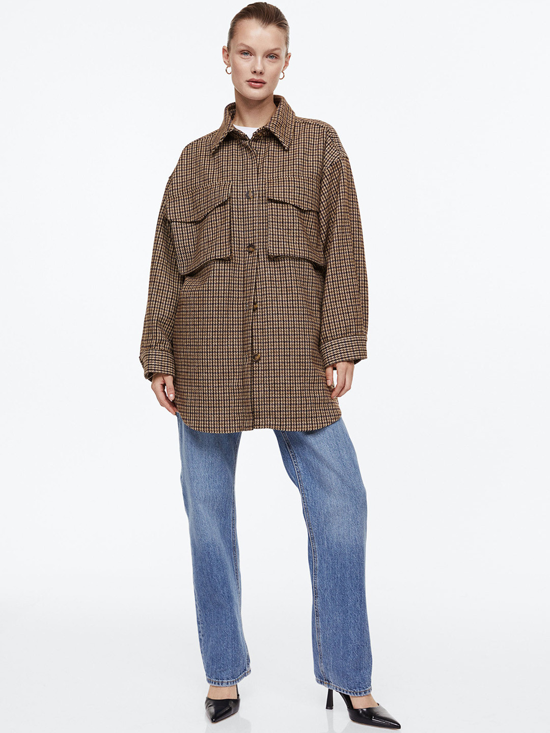 Buy H&M Women Beige & Brown Self Design Oversized Twill Shacket ...