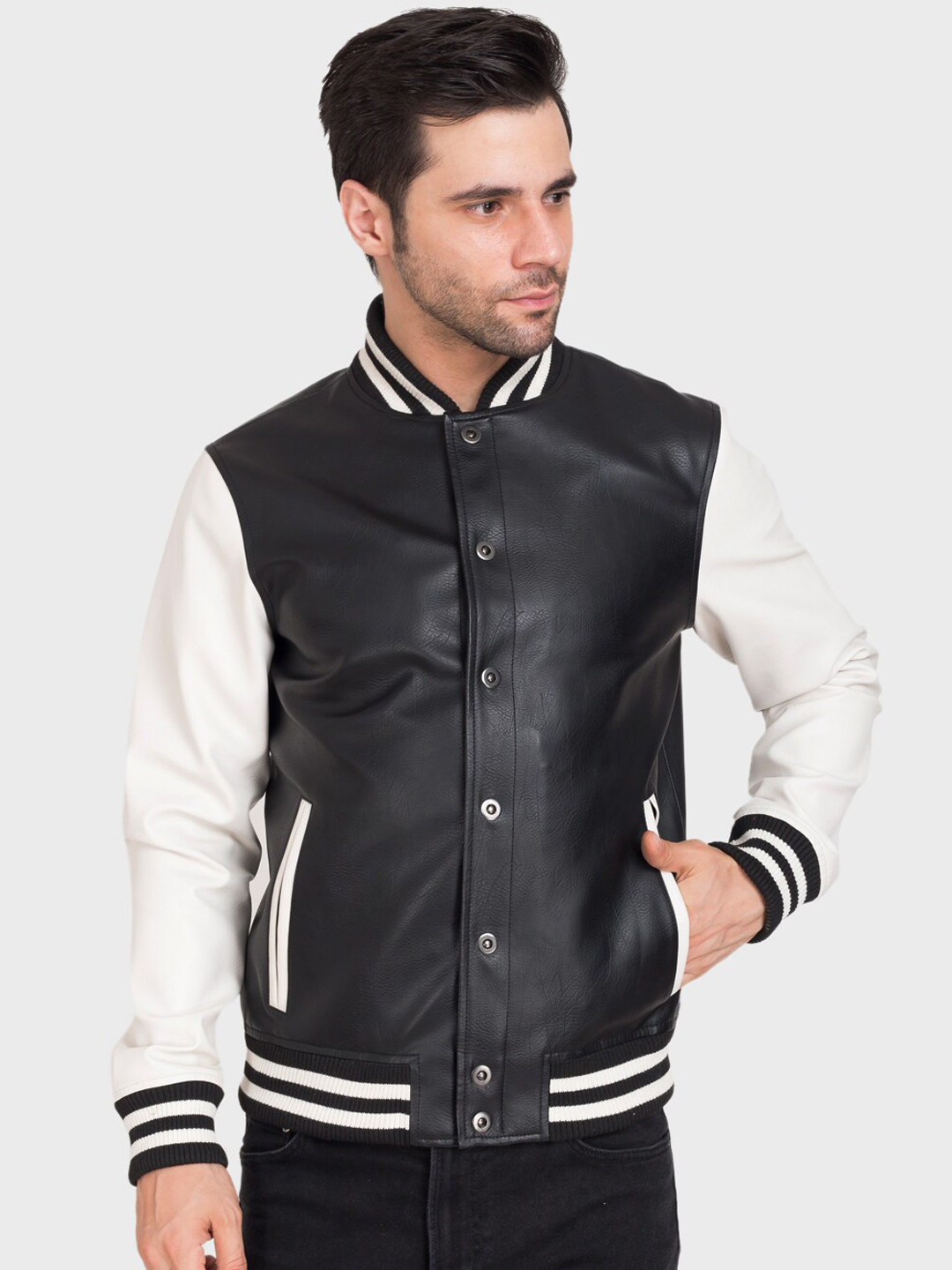 Buy Justanned Men Black Cream Coloured Leather Lightweight Bomber ...