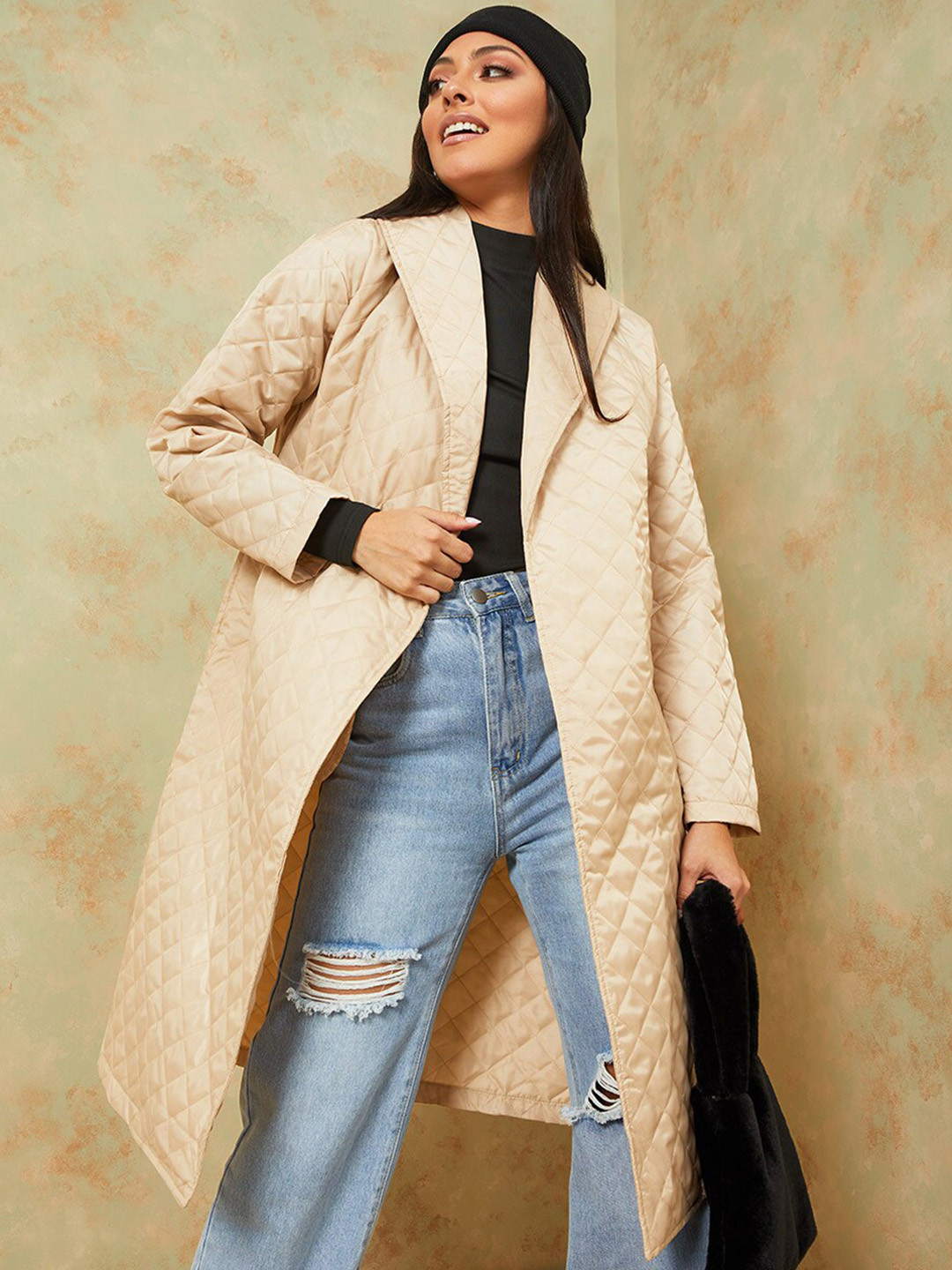 Buy Styli Women Nude Coloured Quilted Knee Length Overcoat With Buckle ...