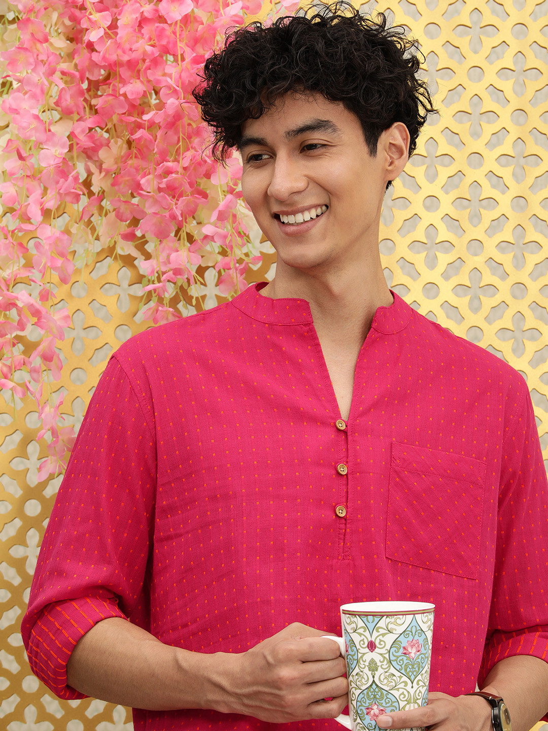 Buy Ode By House Of Pataudi Men Pink Woven Thread Work Pure Cotton ...