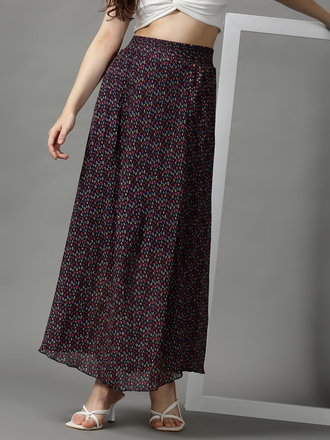 Buy SHOWOFF Women Navy Blue & Red Floral Printed Flared Maxi Skirt ...