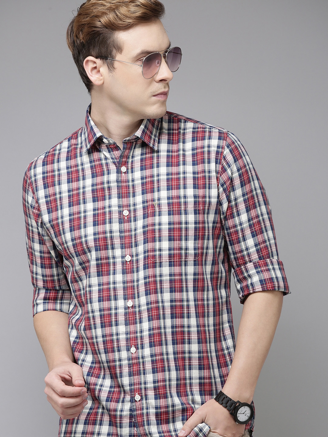 Buy Van Heusen Sport Men Red Slim Fit Tartan Checks Opaque Pure Cotton
