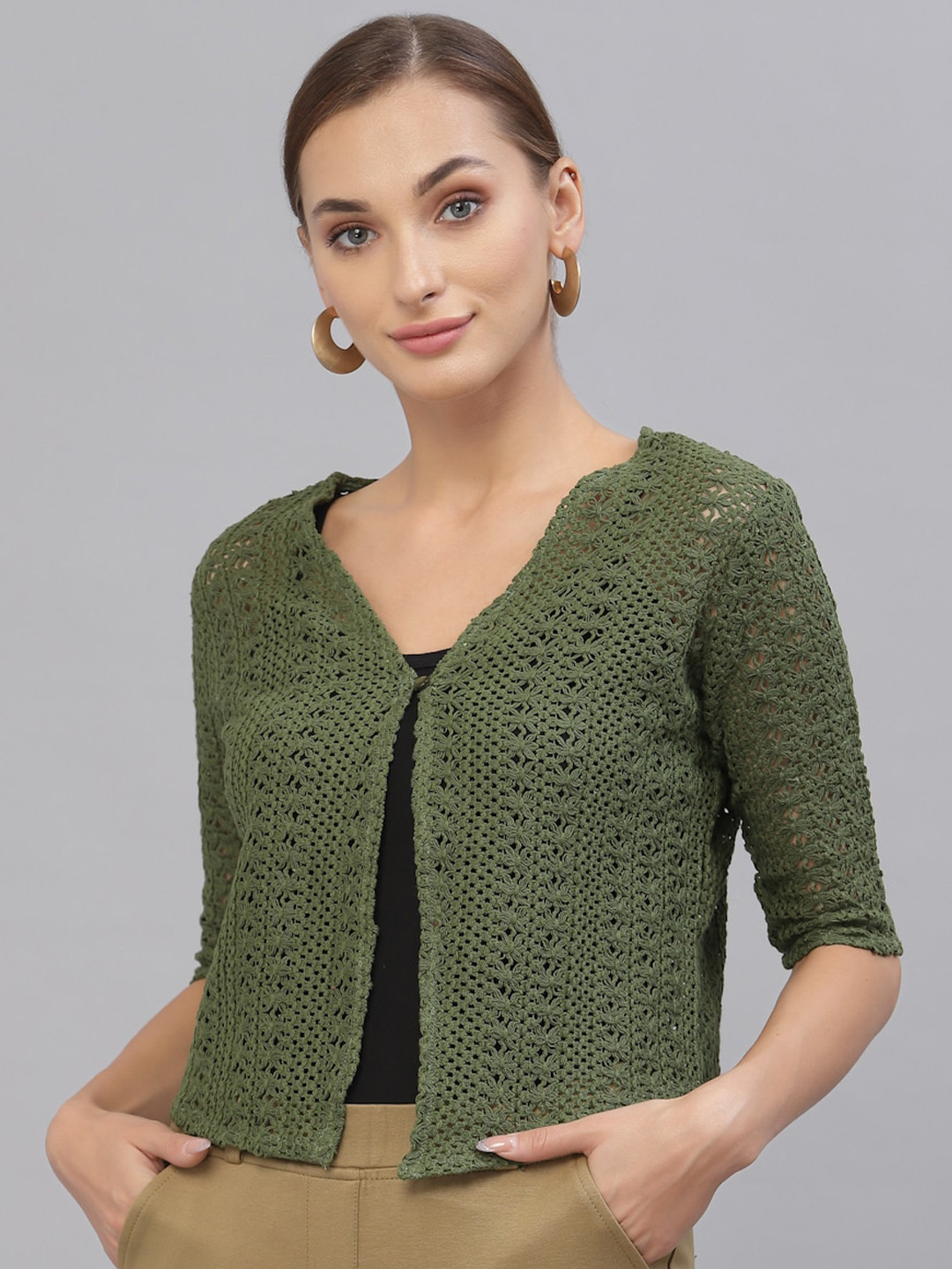 Buy Style Quotient Women Olive Green Crop Shrug - Shrug for Women ...
