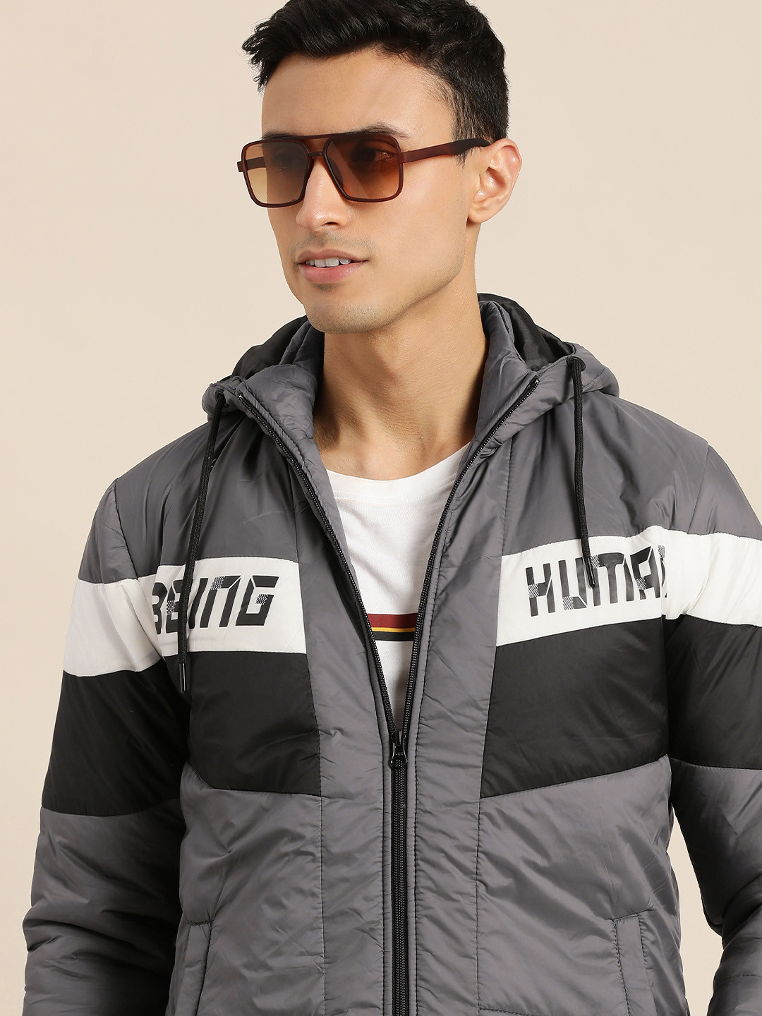 Buy Being Human Men Grey Striped Hooded Padded Jacket With Brand Logo ...