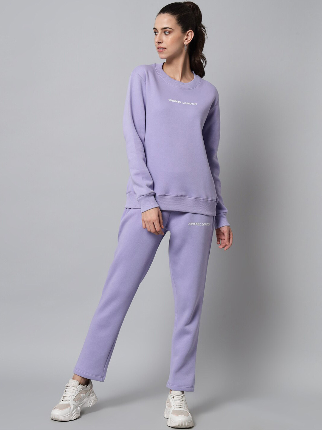 Buy GRIFFEL Women Lavender & White Logo Printed Cotton Fleece Tracksuit ...