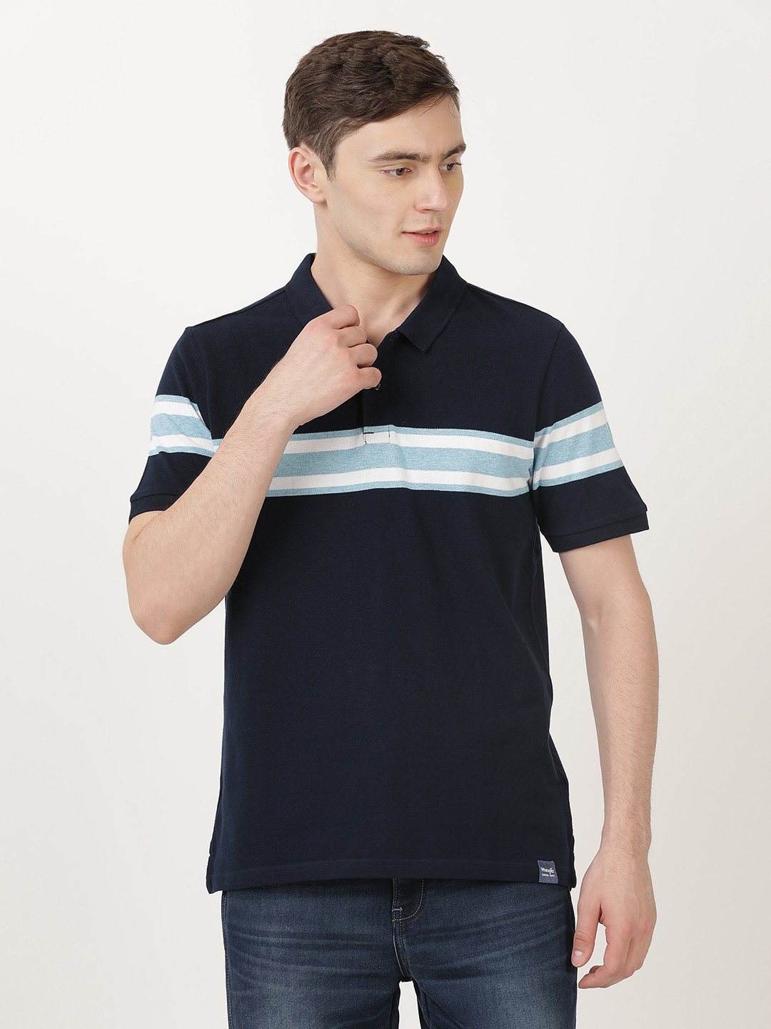 Buy Wrangler Men Blue & Navy Blue Striped Polo Collar Cotton T Shirt ...
