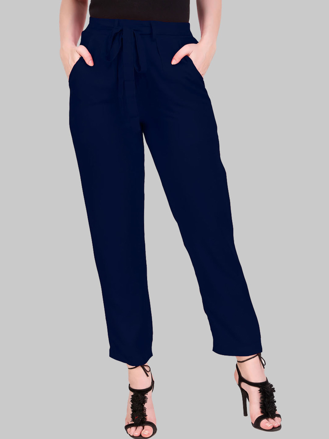 Buy SAUNDARYA Women Navy Blue Peg Leg Easy Wash Pleated Trousers ...