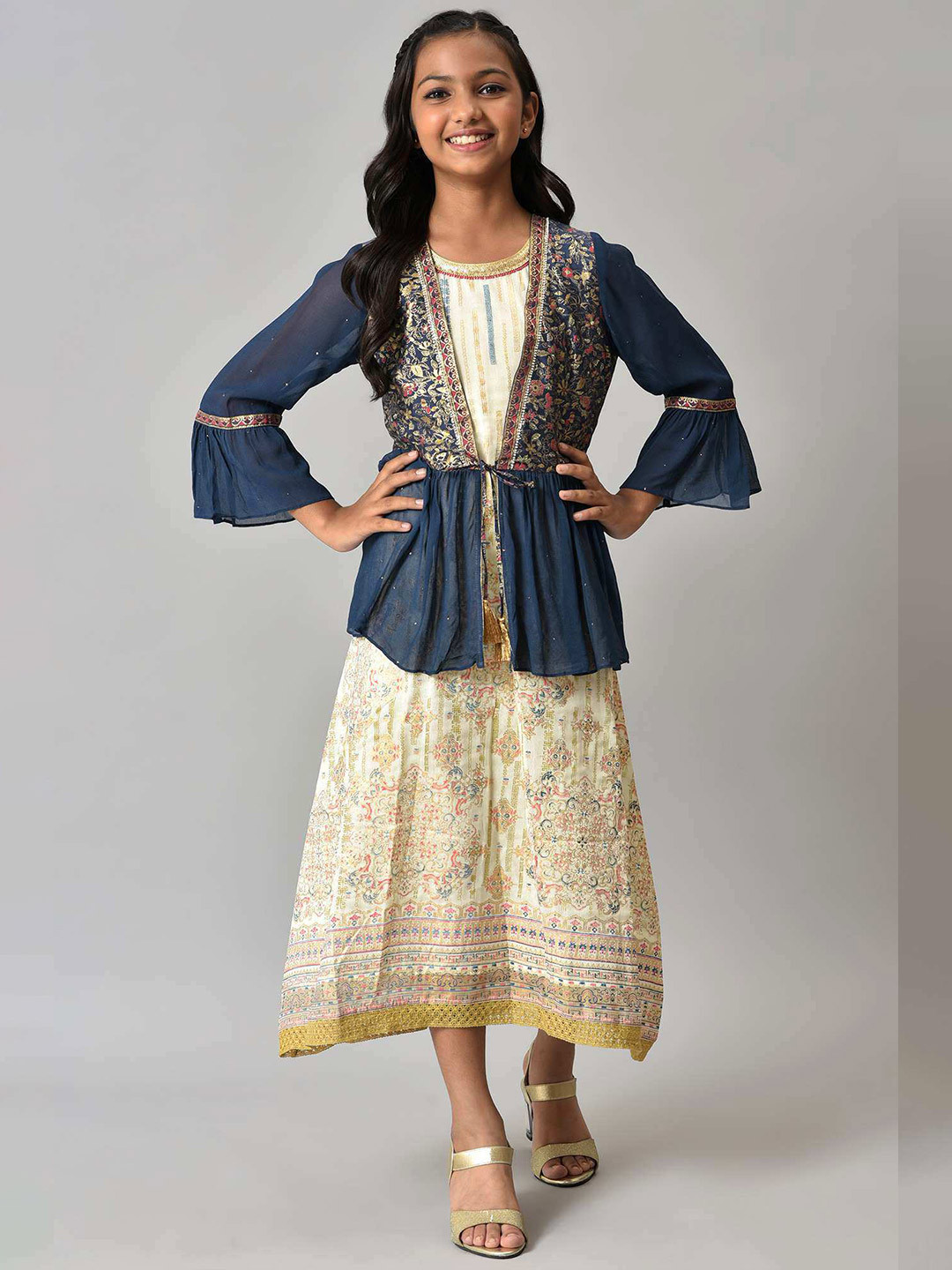 Buy AURELIA Girls Blue & Cream Coloured Printed Kurta - Clothing Set ...