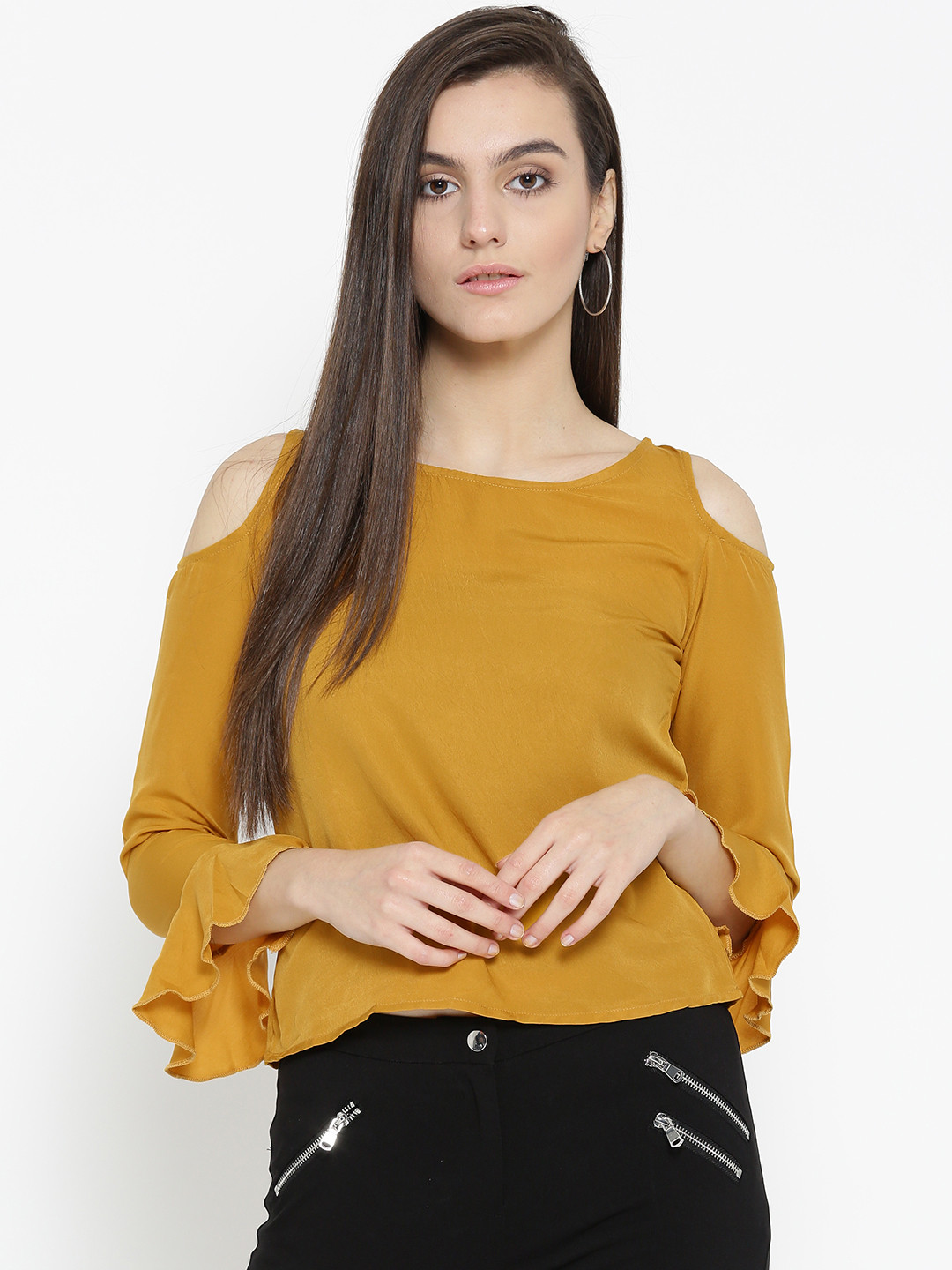 Buy U&F Women Mustard Yellow Lightweight Solid Cold Shoulder Top - Tops ...