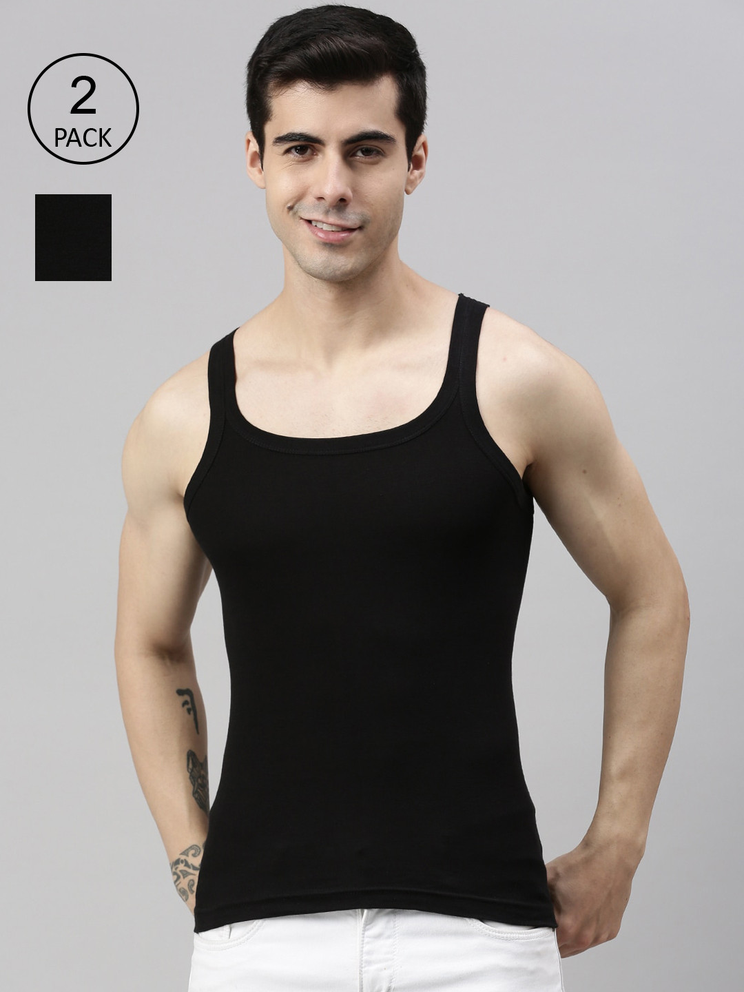 Buy Lux Cozi Men Pack Of 2 Black Solid Pure Cotton Innerwear Gym Vests ...