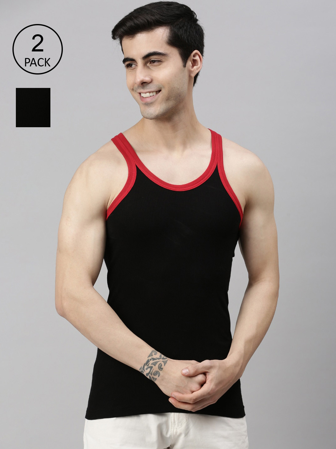 Buy Lux Cozi Men Pack Of 2 Black Solid Pure Cotton Innerwear Vests ...