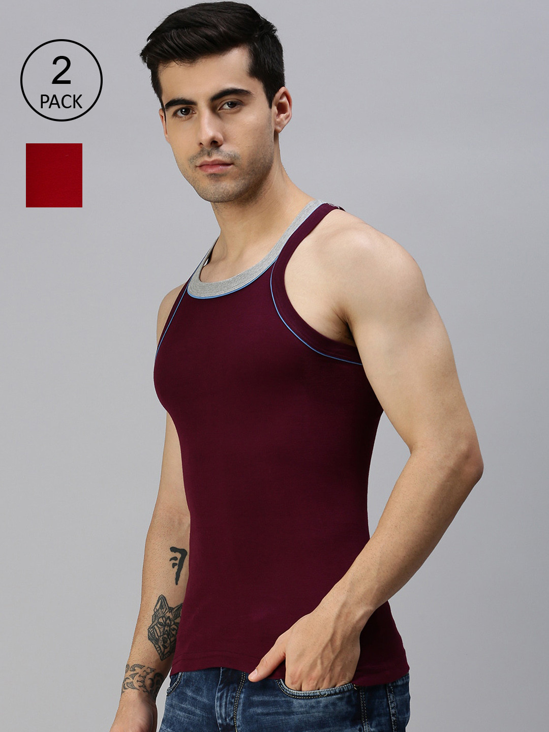 Buy Lux Cozi Men Pack Of 2 Maroon & Red Solid Innerwear Vests ...