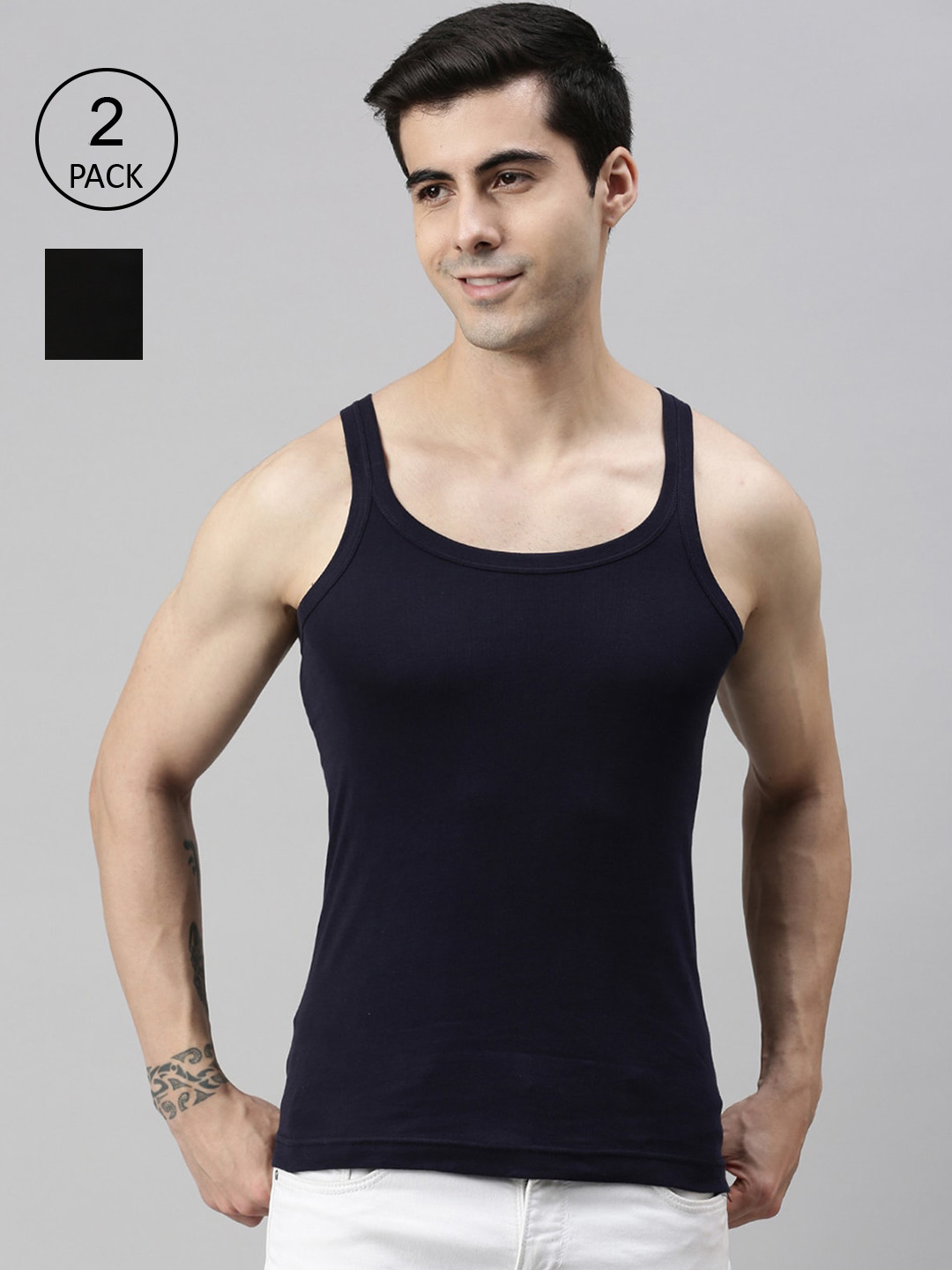Buy Lux Cozi Men Pack Of 2 Black & Navy Blue Solid Gym Innerwear Vests ...
