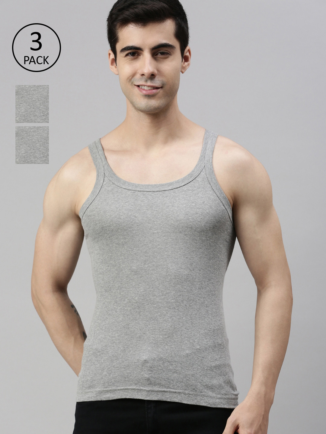 Buy Lux Cozi Men Pack Of 3 Grey Solid Organic Cotton Gym Vests ...