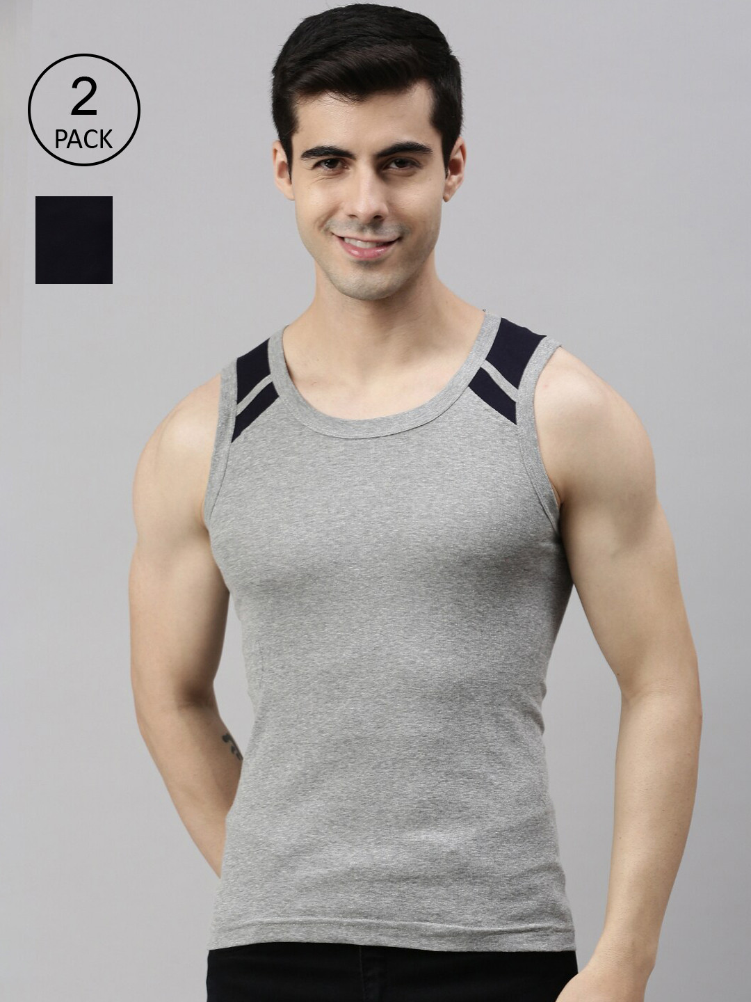Buy Lux Cozi Men Pack Of 2 Grey & Navy Blue Solid Pure Cotton Gym Vests ...