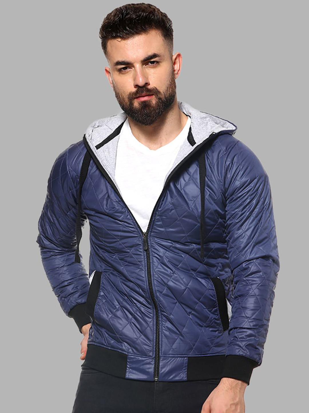 Buy Campus Sutra Men Navy Blue Windcheater Outdoor Hooded Puffer Jacket ...