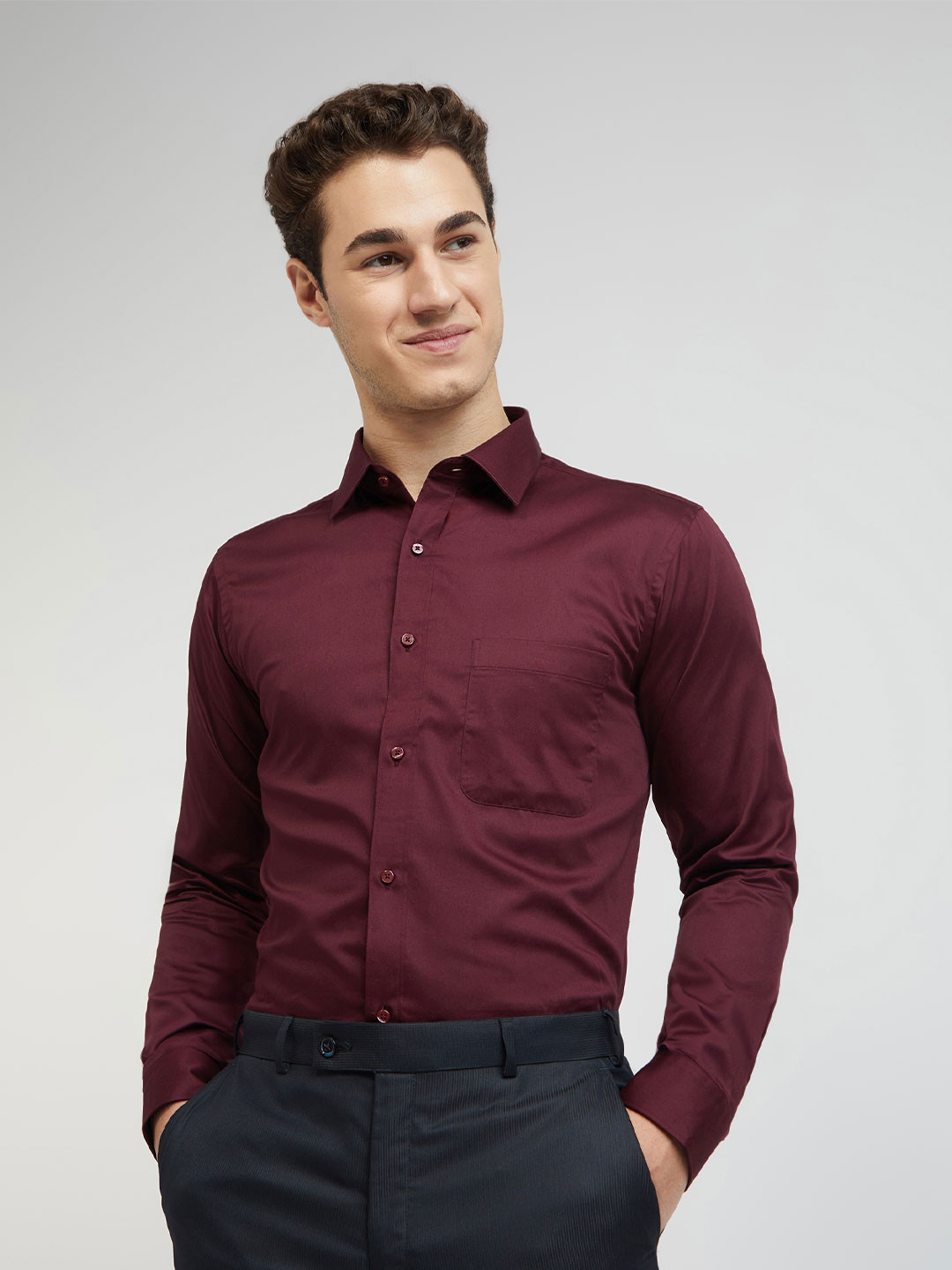 Buy Raymond Men Maroon Pure Cotton Slim Fit Long Sleeves Formal Shirt ...
