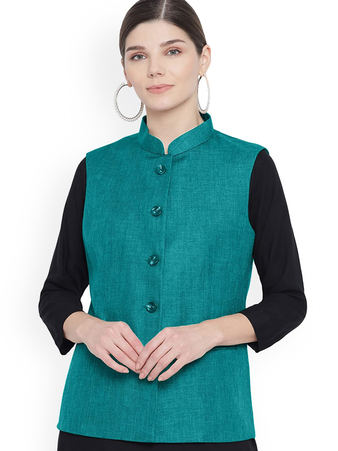 Buy Vastraa Fusion Women Teal Green Solid Woven Nehru Jacket - Nehru ...