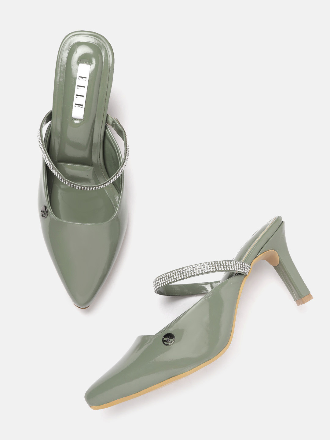 Buy ELLE Olive Green & Silver Toned Stone Embellished Mules - Heels for ...