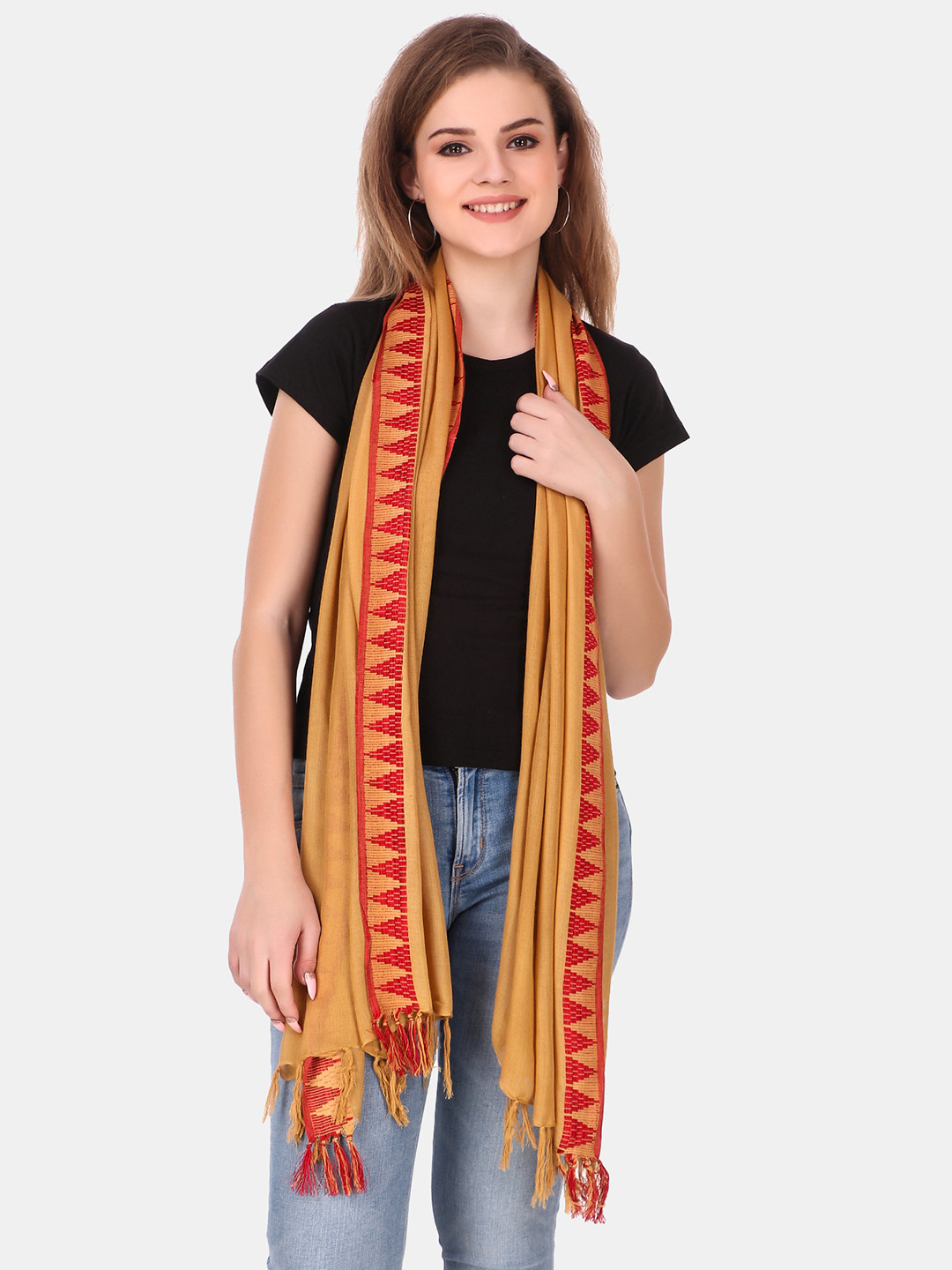 Buy FWC FILL WITH COLOURS Women Yellow & Red Woven Design Stole ...