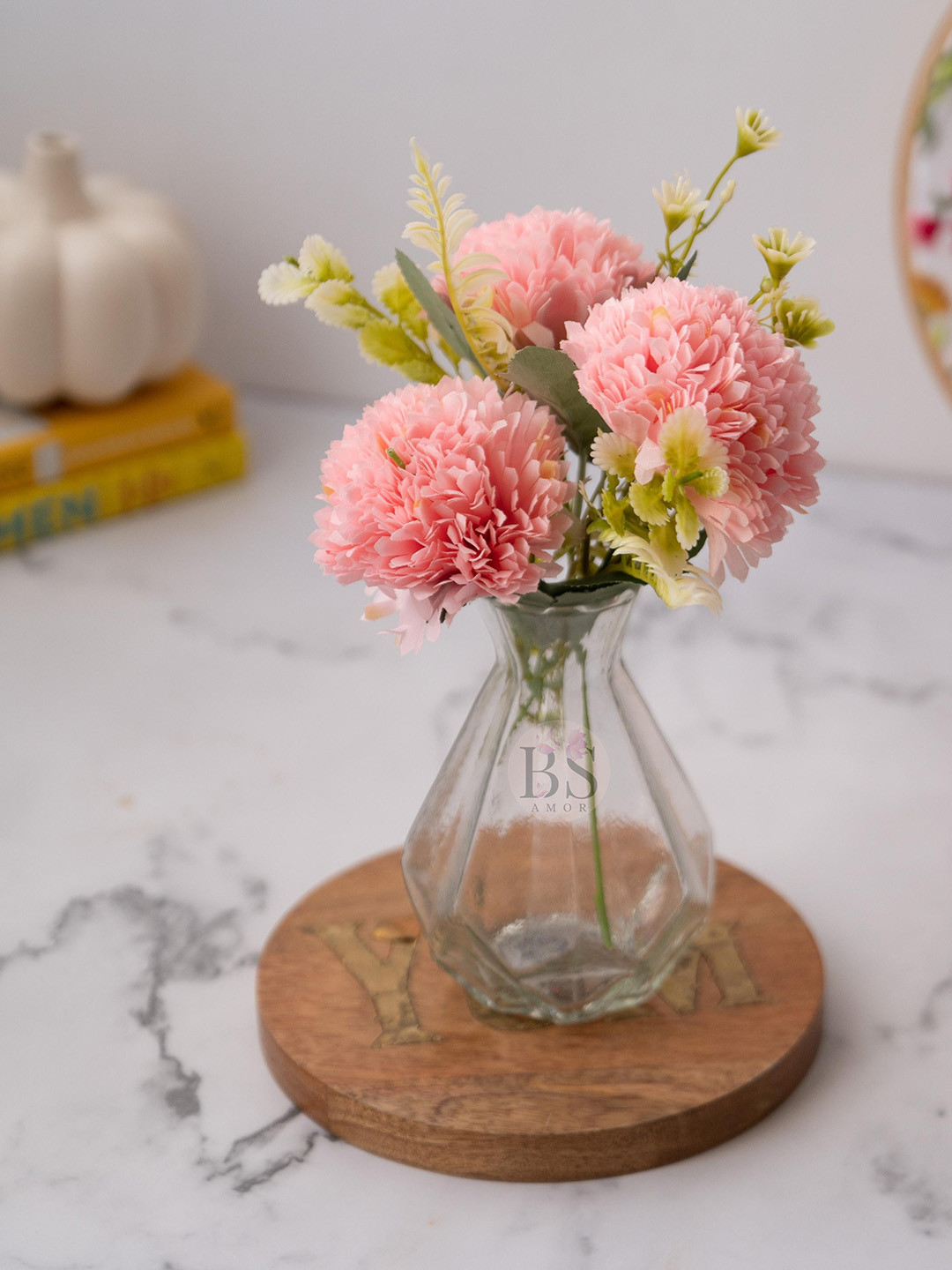 Buy BS AMOR Pink & Green Artificial Flower Bunch With Glass Vase ...