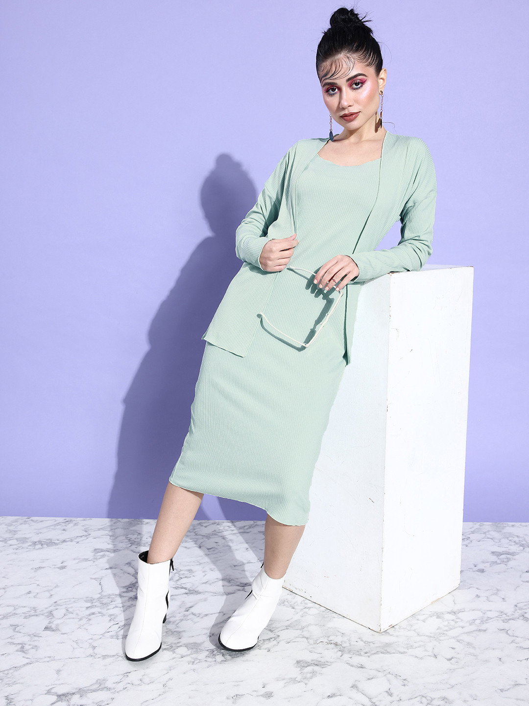 Buy ANVI Be Yourself Turquoise Blue Bodycon Midi Dress With Shrug ...