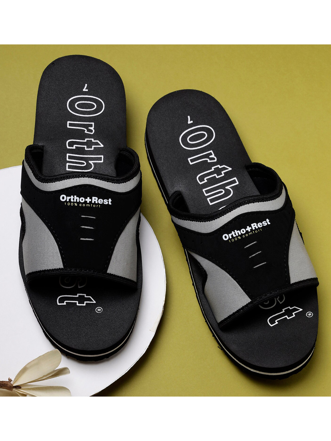 Buy Ortho Rest Men Black & Grey Printed Sliders - Flip Flops for Men ...