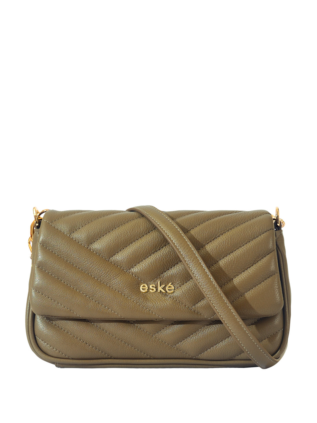 Buy Eske Women Taupe Quilted Gold Chain Strap Compact Leather Shoulder ...