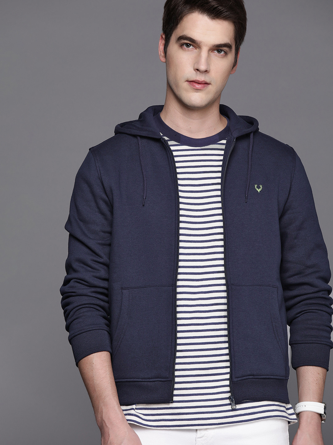 Buy Allen Solly Men Navy Blue Solid Hooded Sweatshirt - Sweatshirts for ...