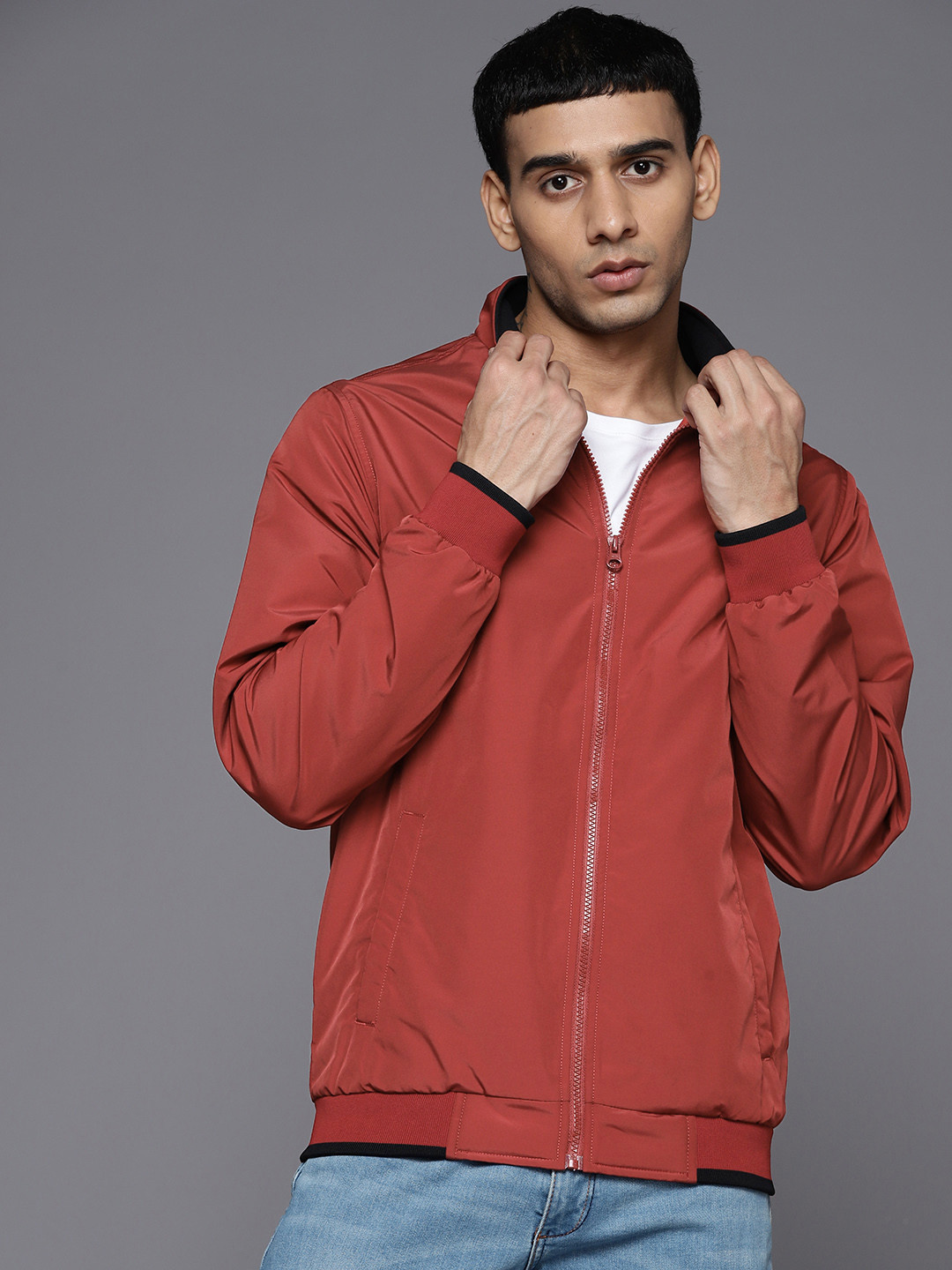 Buy Allen Solly Men Rust Red Solid Bomber Jacket - Jackets for Men ...