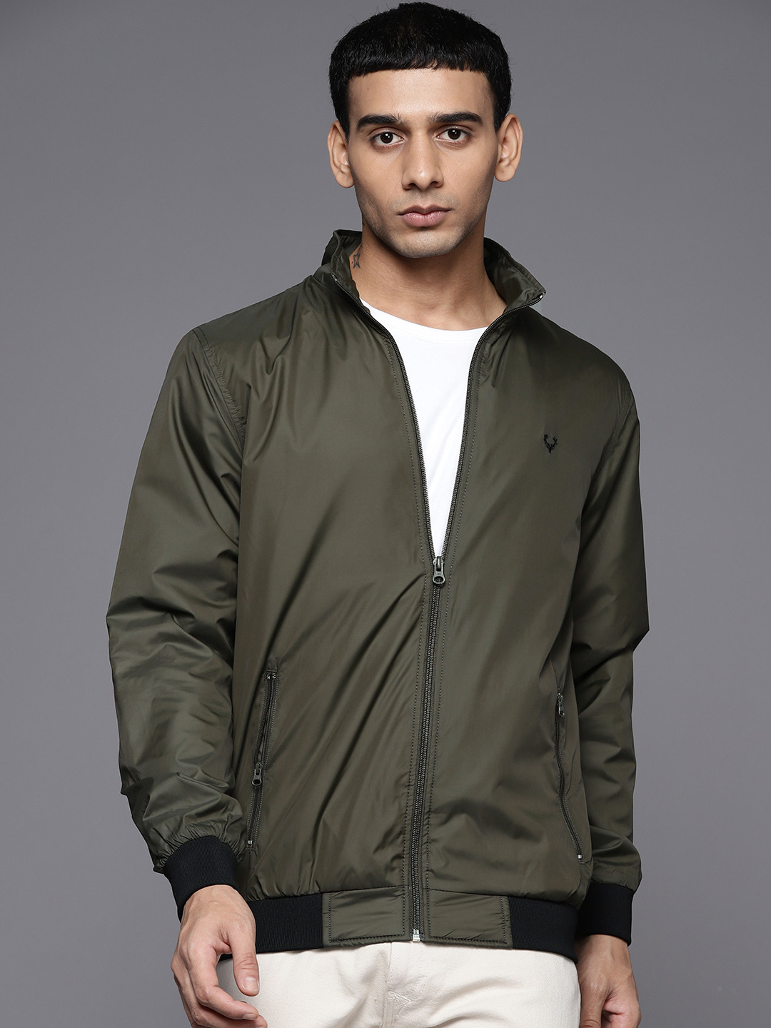Buy Allen Solly Men Olive Green Solid Bomber Jacket - Jackets for Men ...
