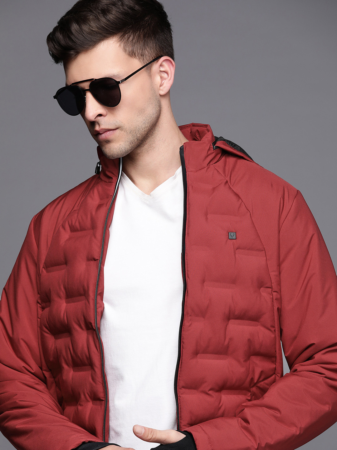 Buy Allen Solly Men Maroon Solid Hooded Padded Jacket - Jackets for Men ...