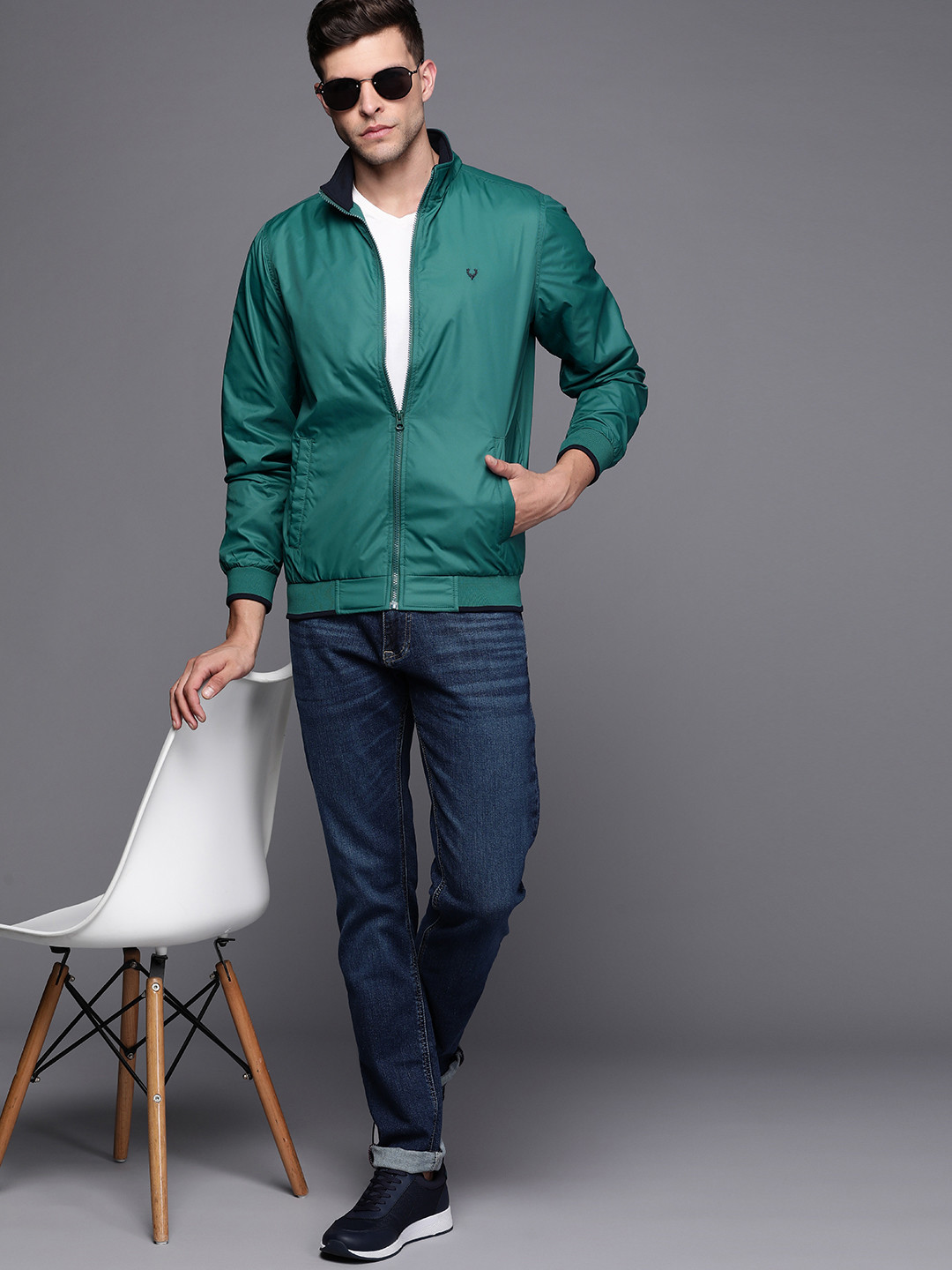 Buy Allen Solly Men Teal Green Solid Bomber Jacket - Jackets for Men ...