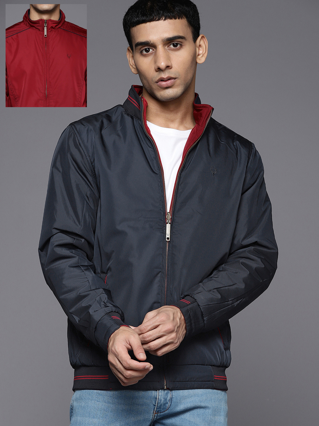 Buy Allen Solly Men Navy Blue & Maroon Solid Reversible Bomber Jacket ...