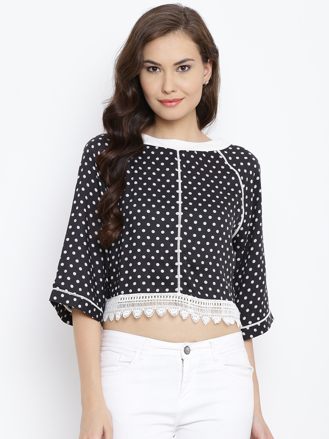Buy Madame Women Black Polka Dot Print Crop Top - Tops for Women ...