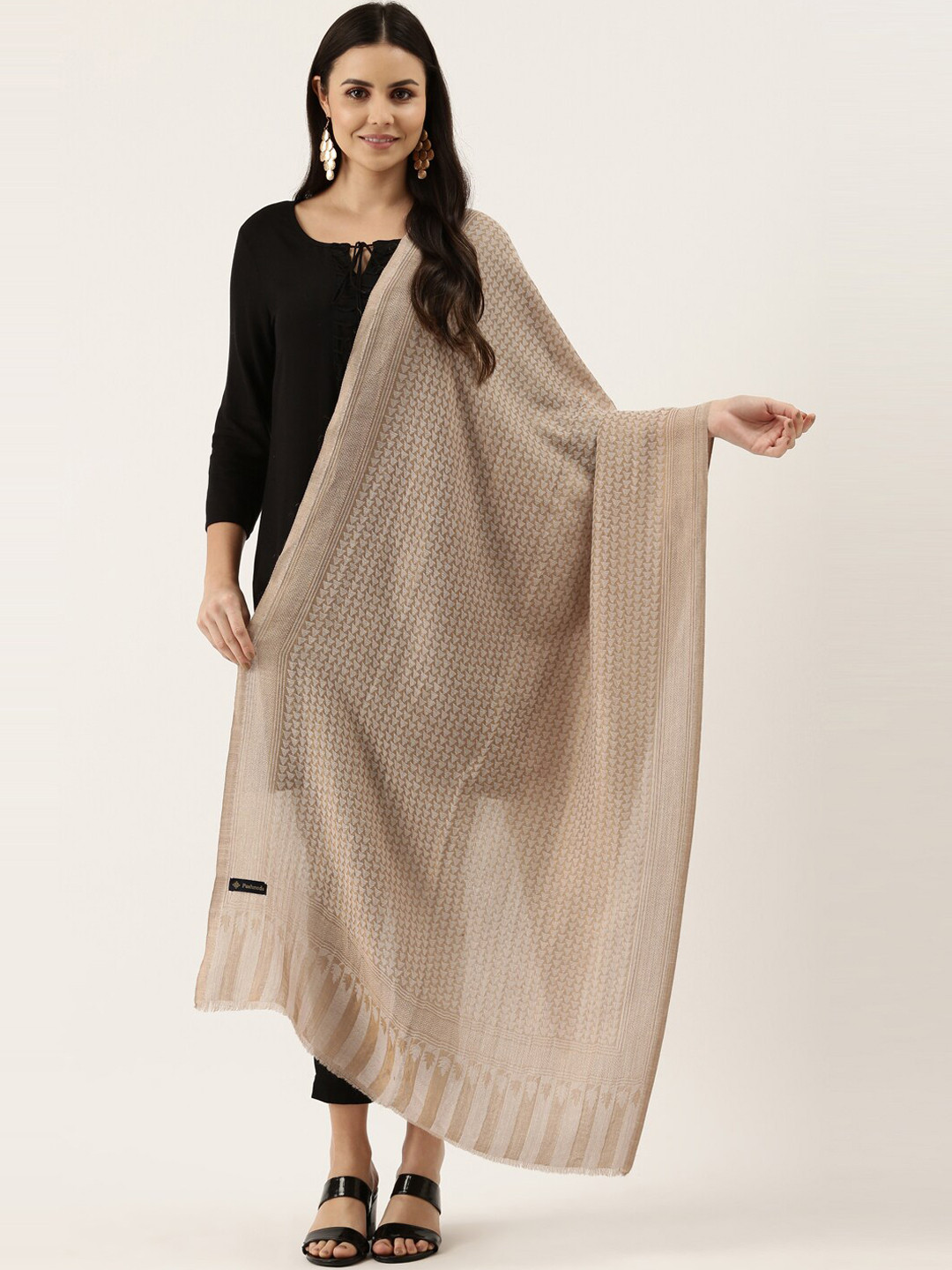 Buy Pashmoda Women Beige Colored Woven Design Pashmina Shawl - Shawl ...
