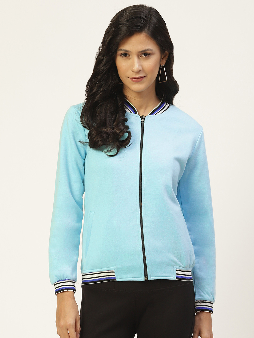 Buy Belle Fille Women Turquoise Blue Fleece Bomber Jacket - Jackets for ...