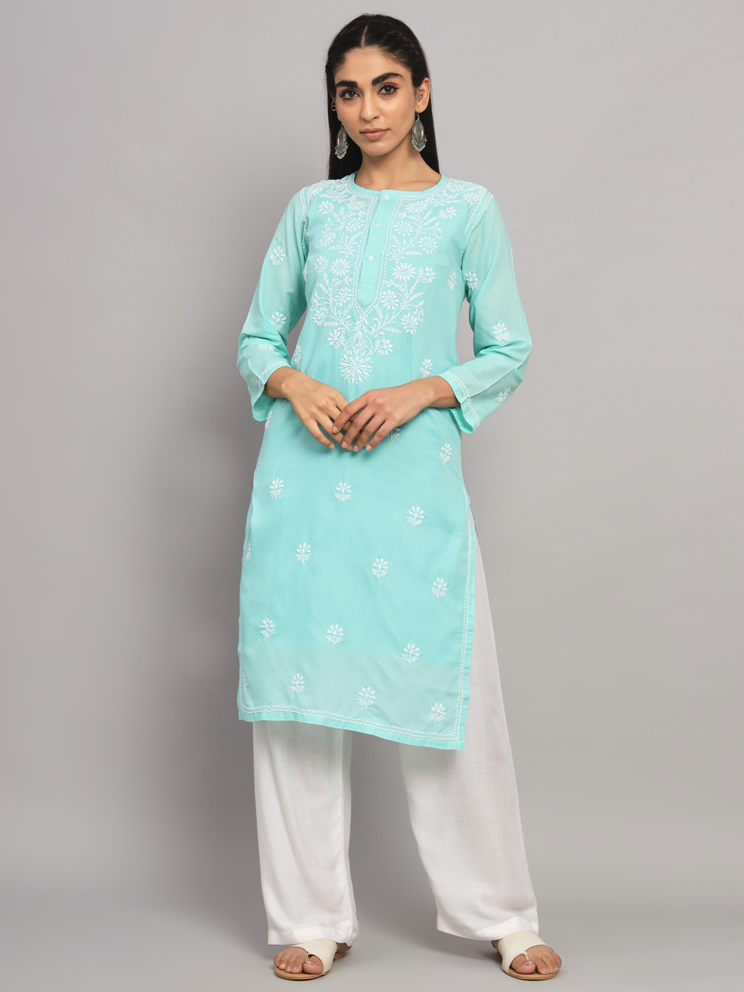 Buy PARAMOUNT CHIKAN Women Hand Embroidered Green Floral Cotton ...