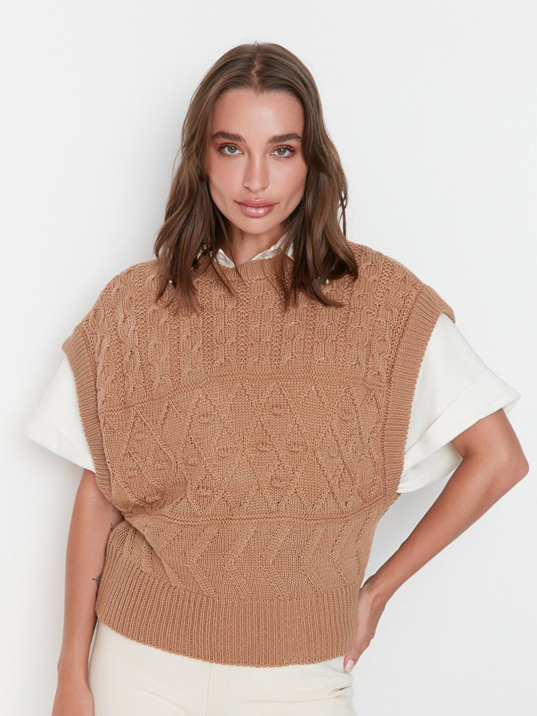 Buy Trendyol Women Camel Brown Cable Knit Ribbed Acrylic Sweater Vest ...
