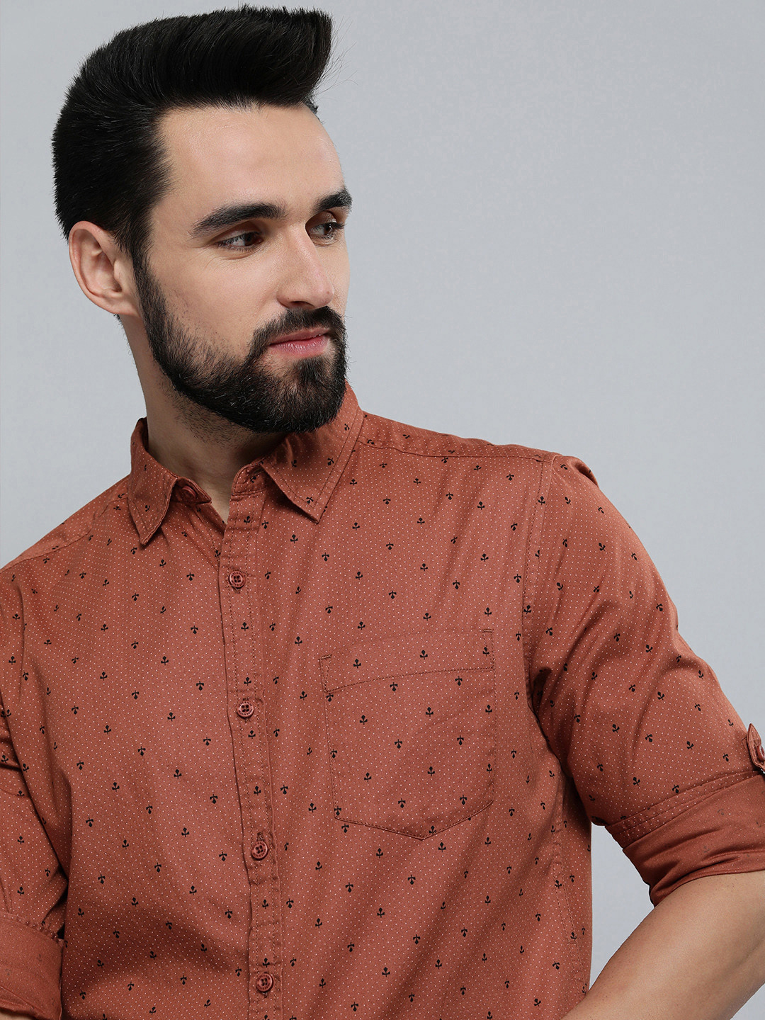 Buy HERE&NOW Men Brown & Black Slim Fit Micro Ditsy Printed Pure Cotton ...