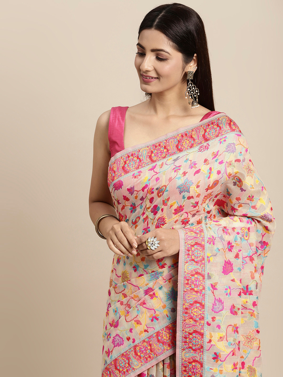 Buy AYKA CLOTHINGS Cream Coloured Floral Pure Cotton Patola Saree ...