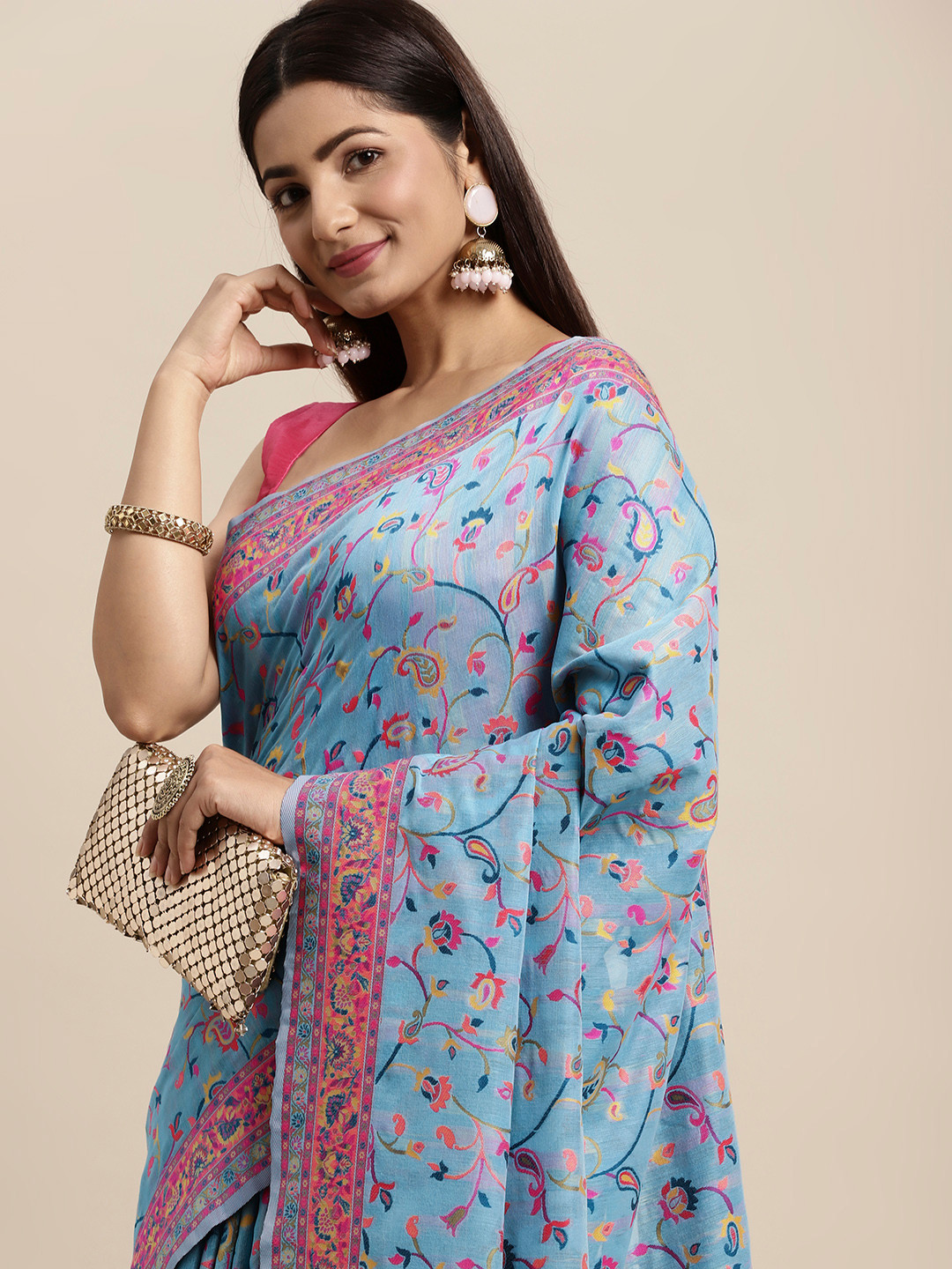 Buy AYKA CLOTHINGS Turquoise Blue Floral Pure Cotton Patola Saree ...